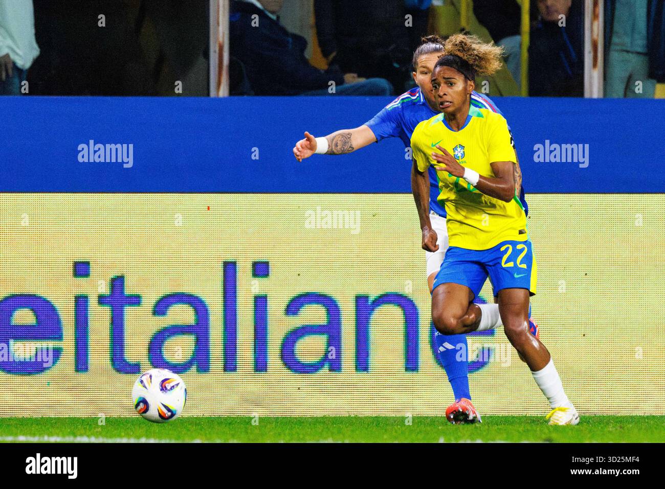 Elena Linari of Italy compete for the ball with Luany Vitoria Da Silva ...