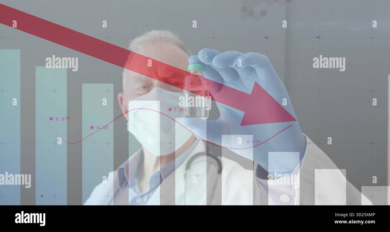 Displaying doctor holding capped vial in lab, wearing mask gloves and ...