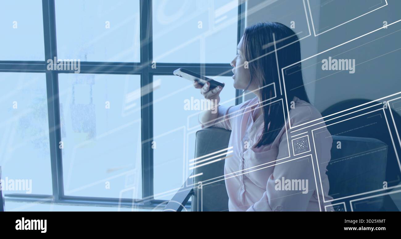 Issuing command Asian woman in shirt using smartphone by grid window ...