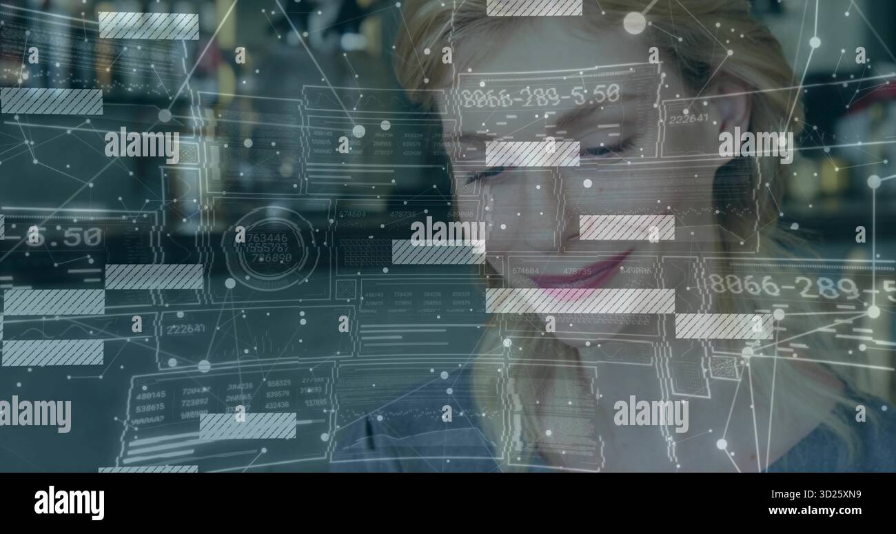 Analyzing female data analyst interacting with holographic data ...