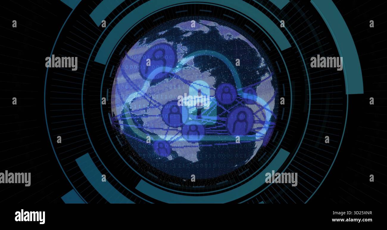 Displaying digital globe with curved lines and padlocks at futuristic ...