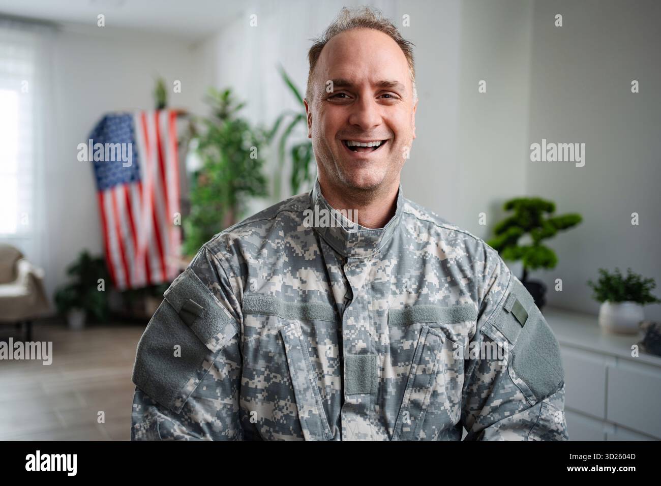 Happy American Soldier Smiling at Home with United States Flag Stock ...