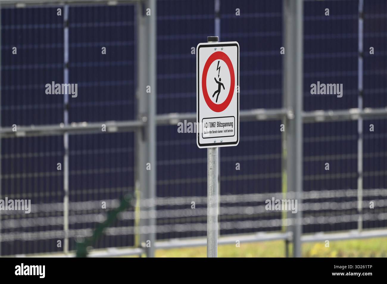 Solar cells, photovoltaics, warning sign CAUTION FLASH VOLTAGE, feature ...