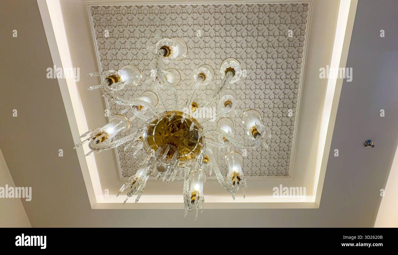 decorative ceiling panel and a sparkling amber glass chandelier at ...