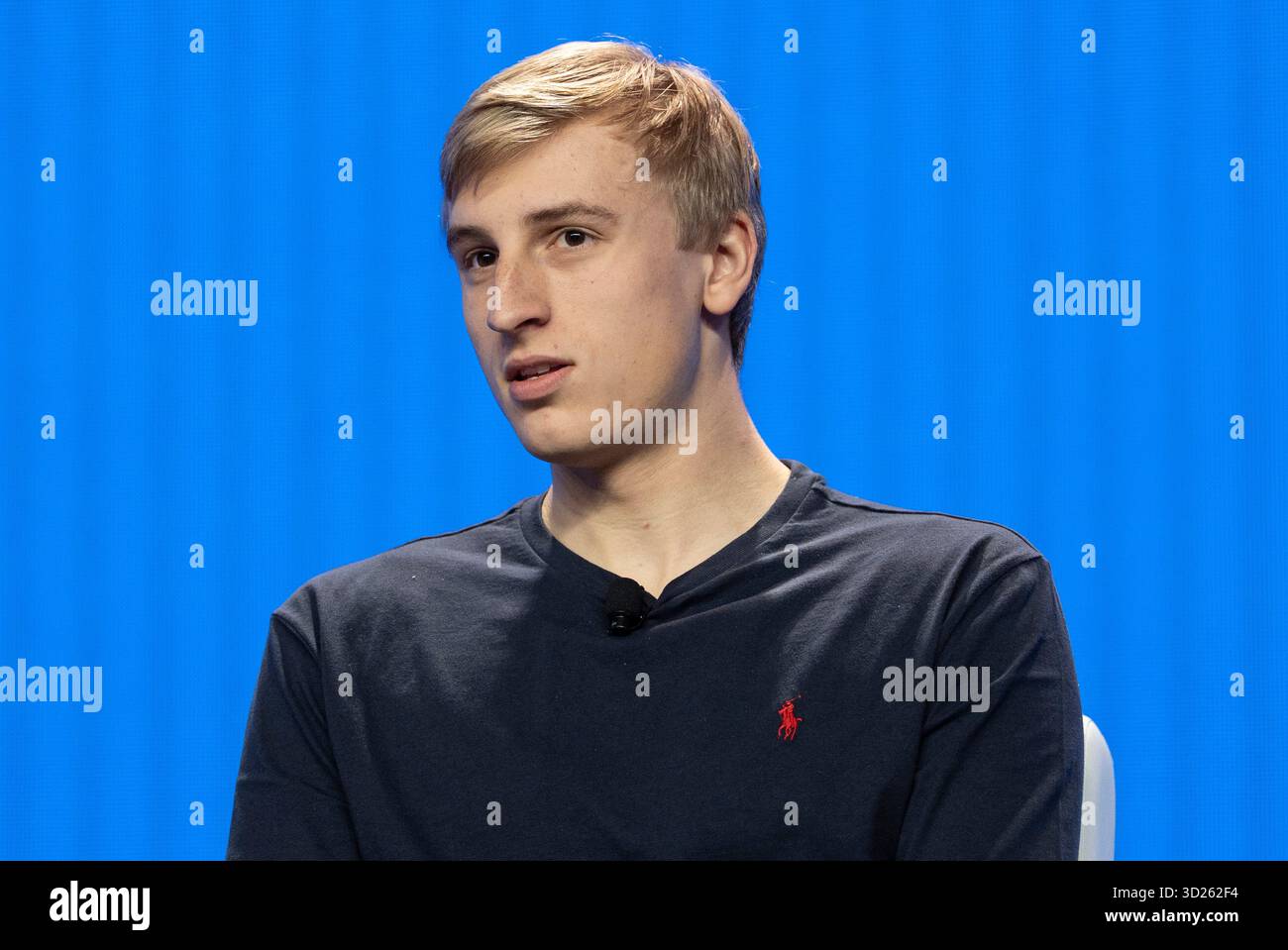 Olympic hopeful U.S. speedskater, Jordan Stolz, speaks during a press conference at Team USA ...
