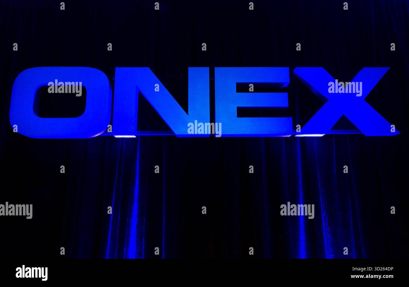The Onex Corp. logo is displayed at the company's annual general ...
