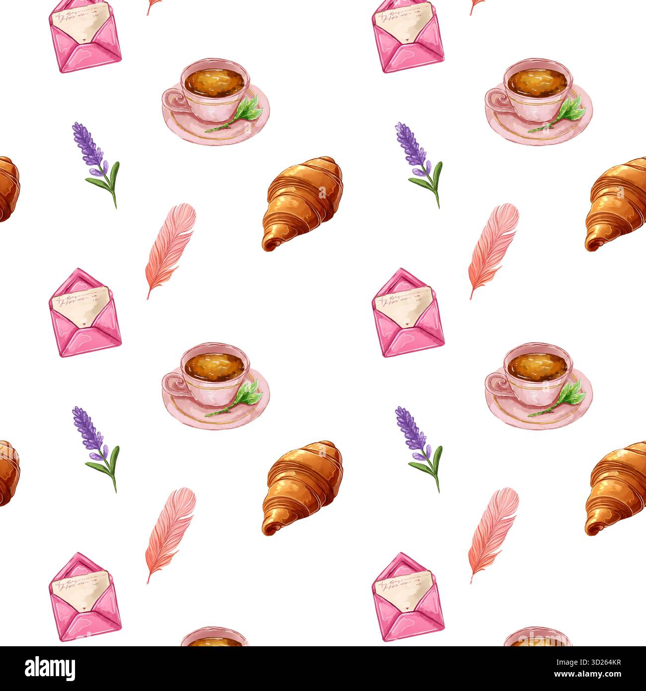 Seamless romantic pattern with a love letter in pink, a quill pen, a ...