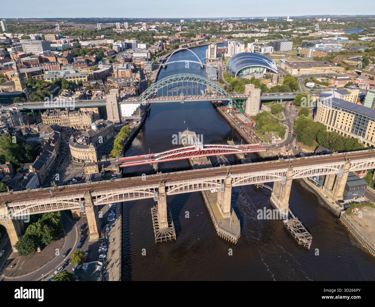 Aerial view of the bridges (High Level Bridge, Newcastle Swing Bridge ...