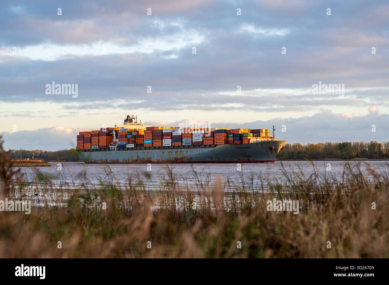Deutschland, Schleswig-Holstein, Wedel, 30.10.2025: Das Containerschiff ...