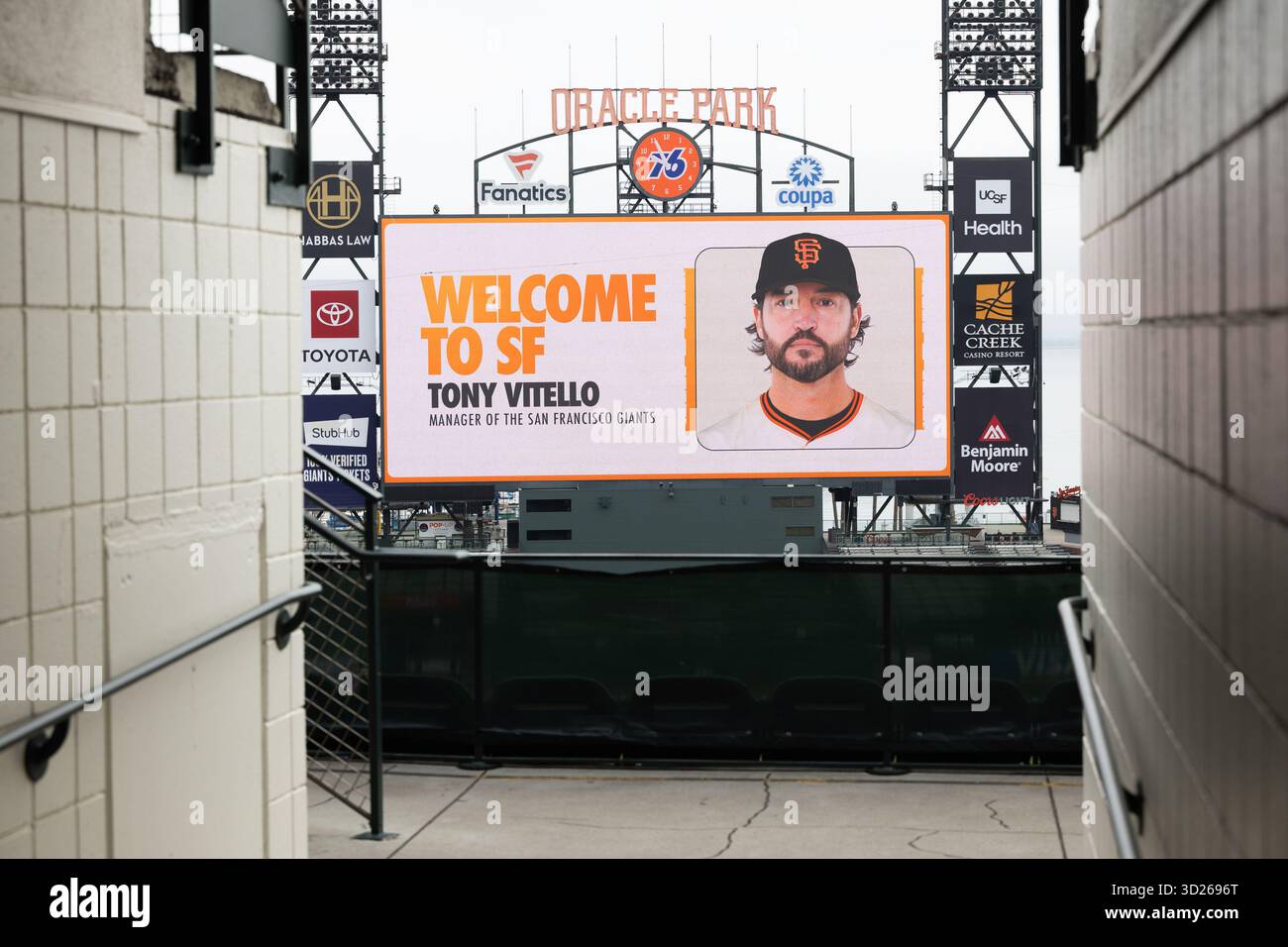 A scoreboard display at Oracle Park welcomes Tony Vitello as the new ...