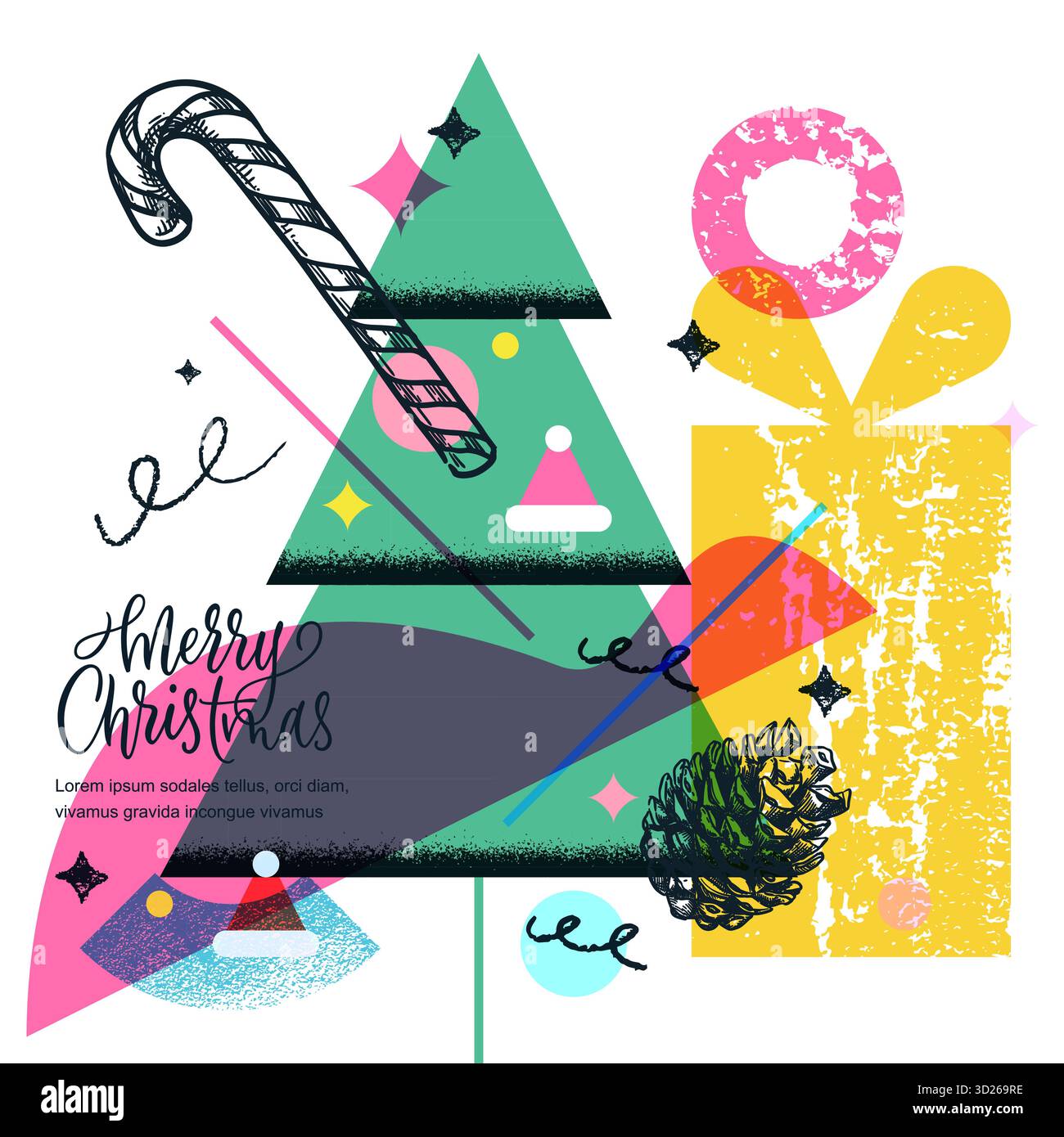 Christmas party banner with holiday tree, gift box, candy cane and ...