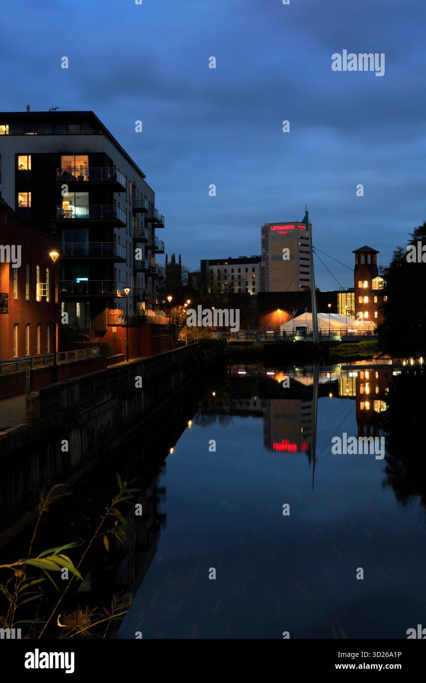 Dusk view along the river Derwent to the Silk Mill World Heritage Site ...