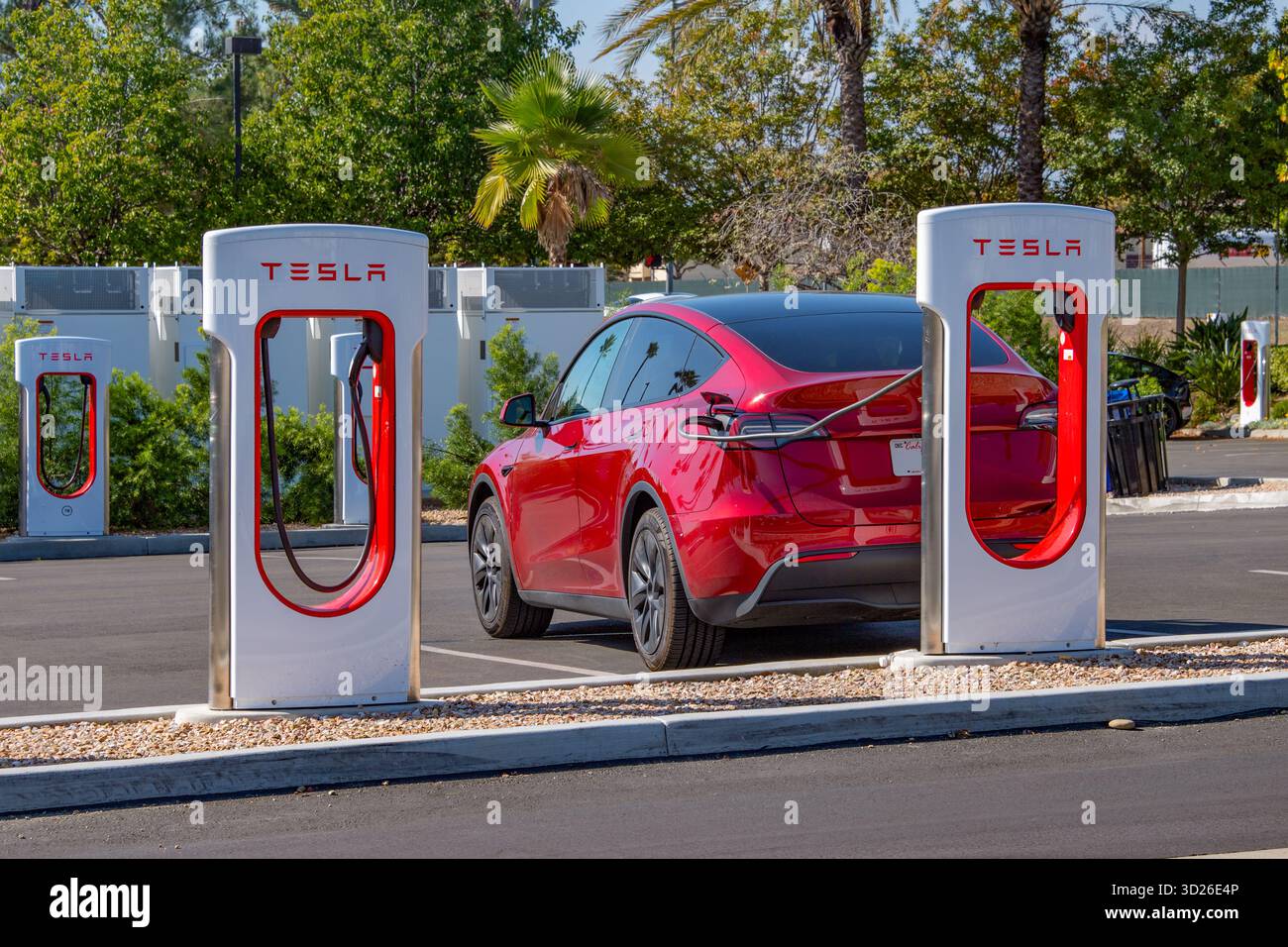 Upland, USA - Oct.22, 2025: Tesla automobile connected to Tesla ...