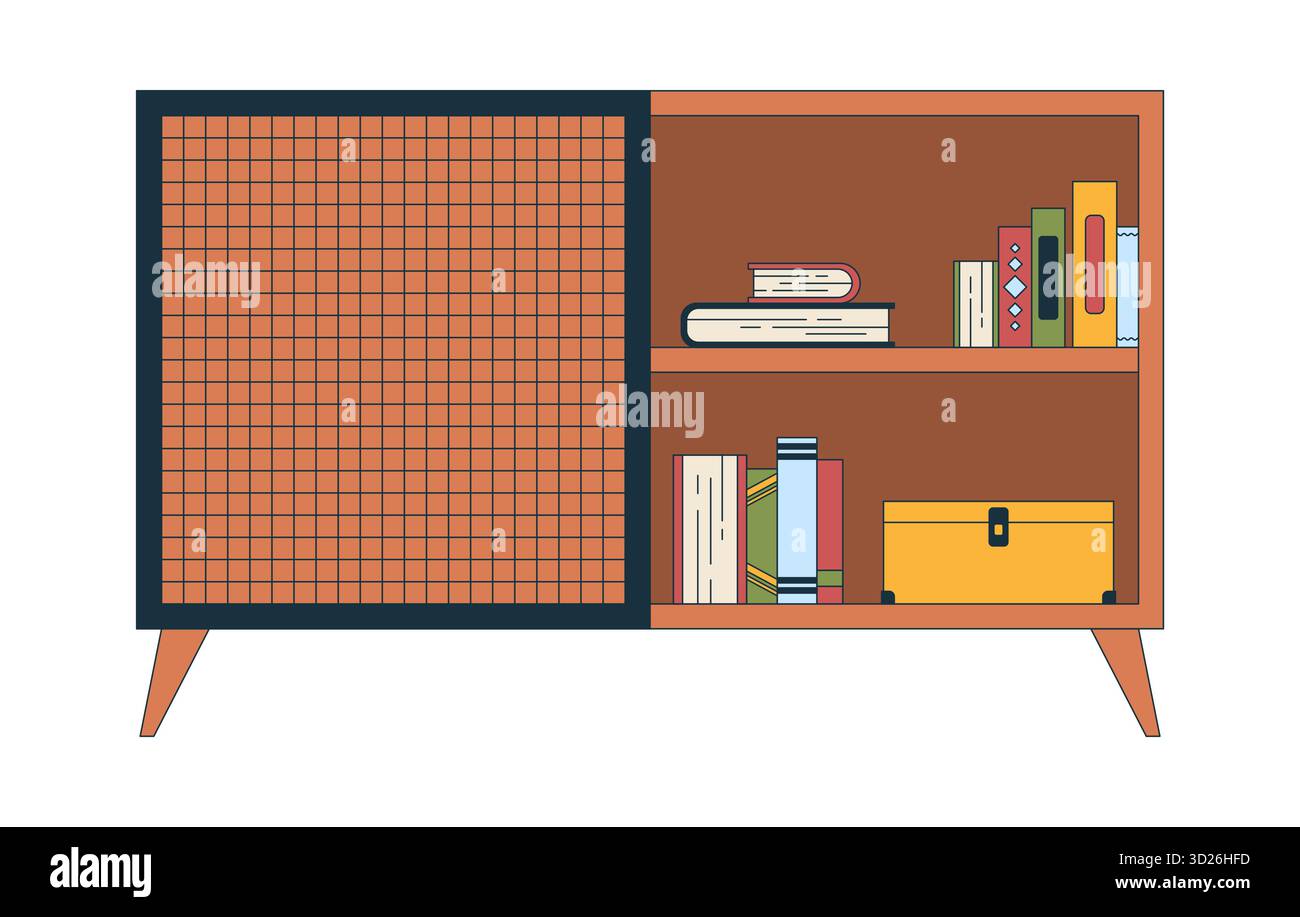 Mid-century cabinet cupboard with books 2D cartoon object Stock Vector ...