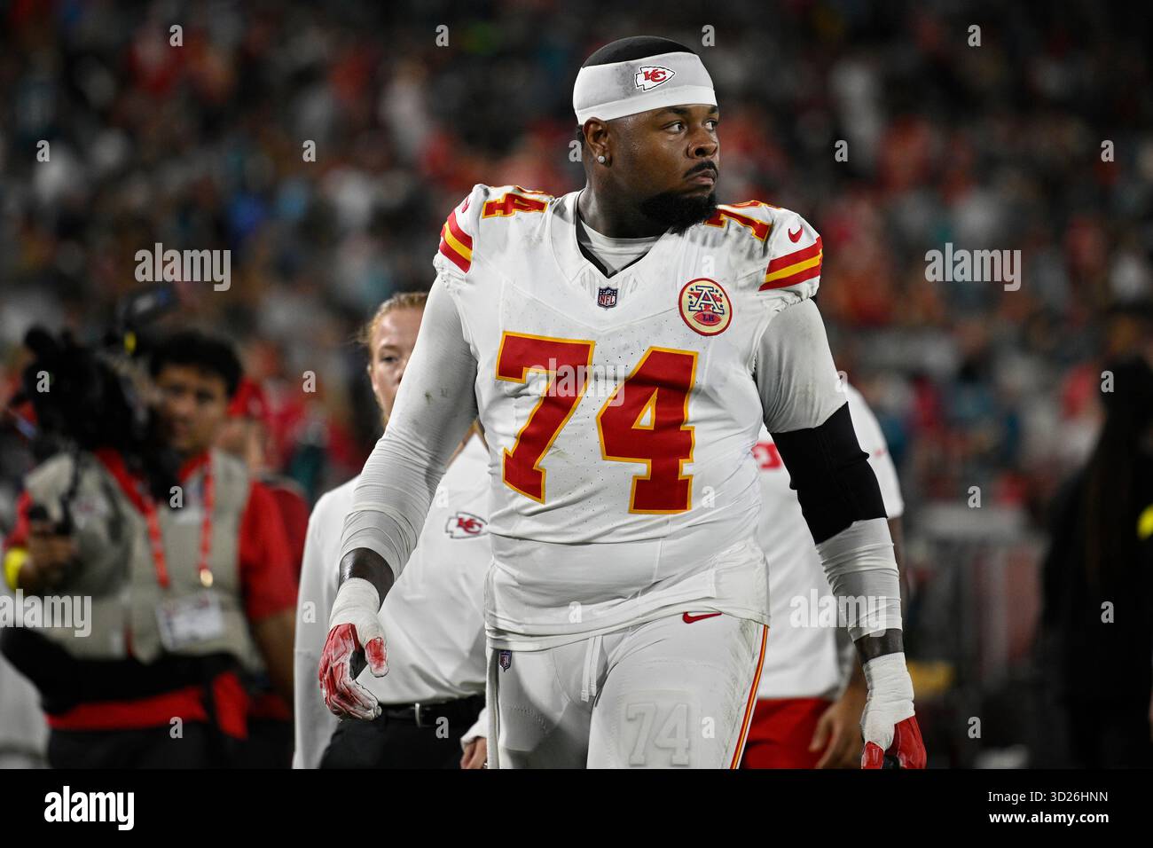 Kansas City Chiefs offensive tackle Jawaan Taylor (74) leaves the field ...