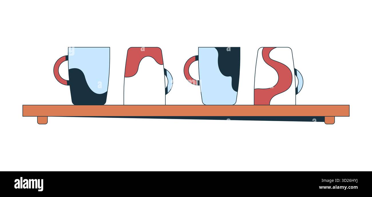 Artistic coffee mugs on wooden shelf 2D cartoon object Stock Vector ...