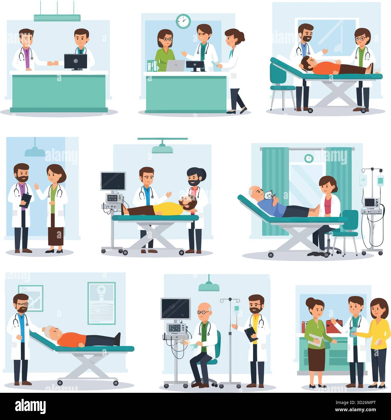 Medical Staff and Patient Care Scenes Set: Doctors, Nurses, Examination ...