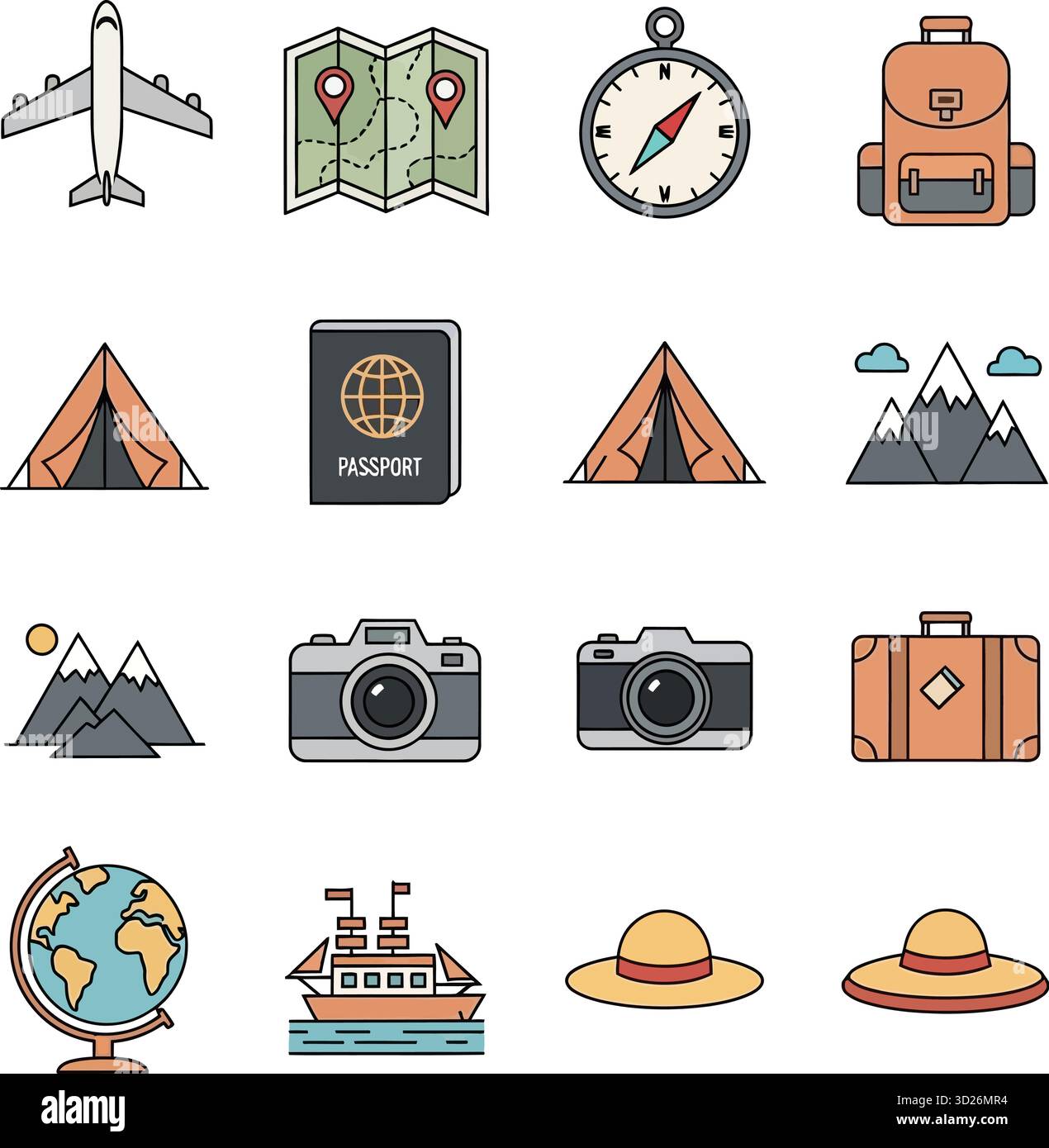 Outline Flat Travel and Tourism Icons Set. Vector Collection of ...