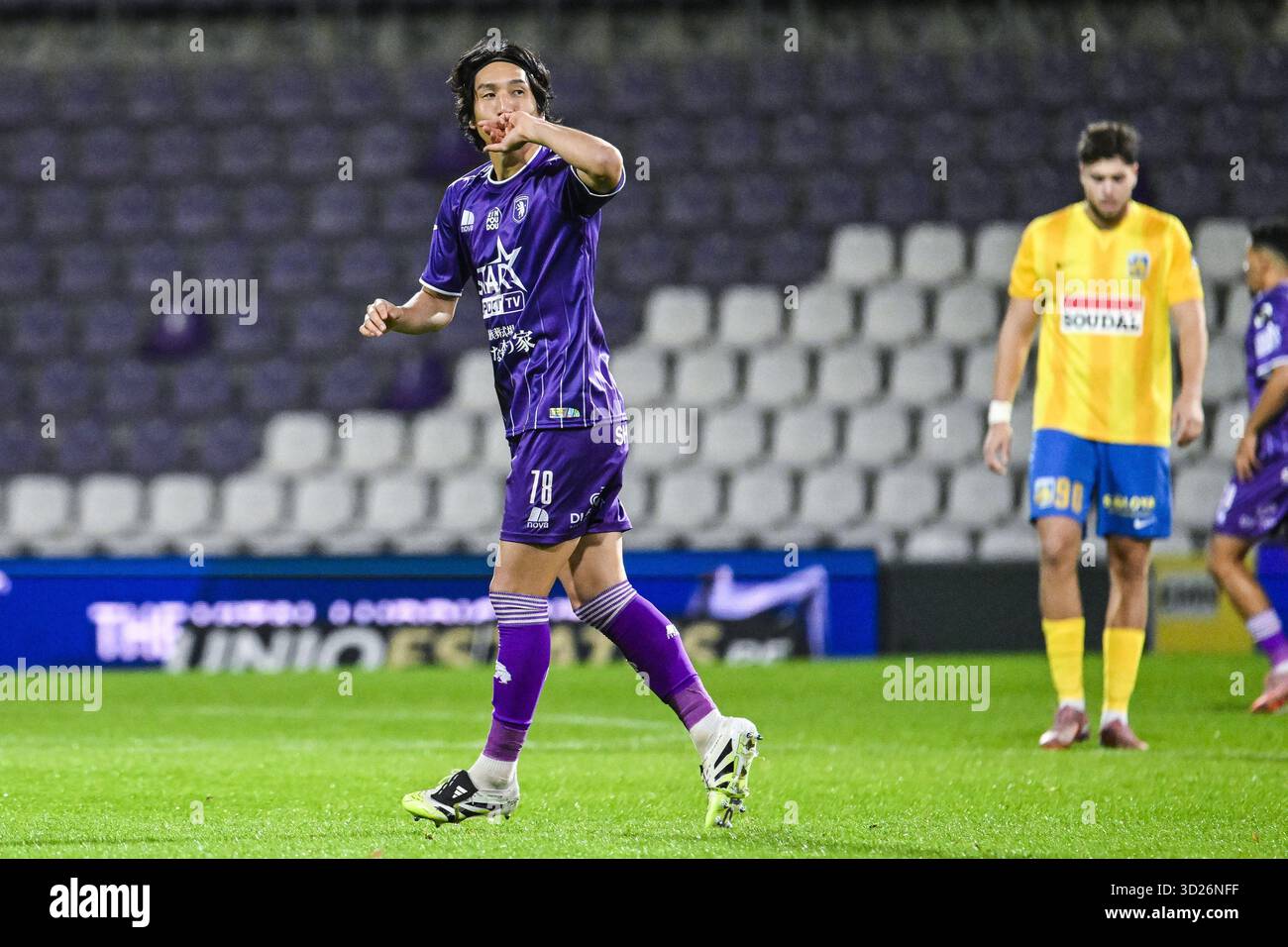 Beerschot's Genki Haraguchi celebrates after scoring during a soccer ...