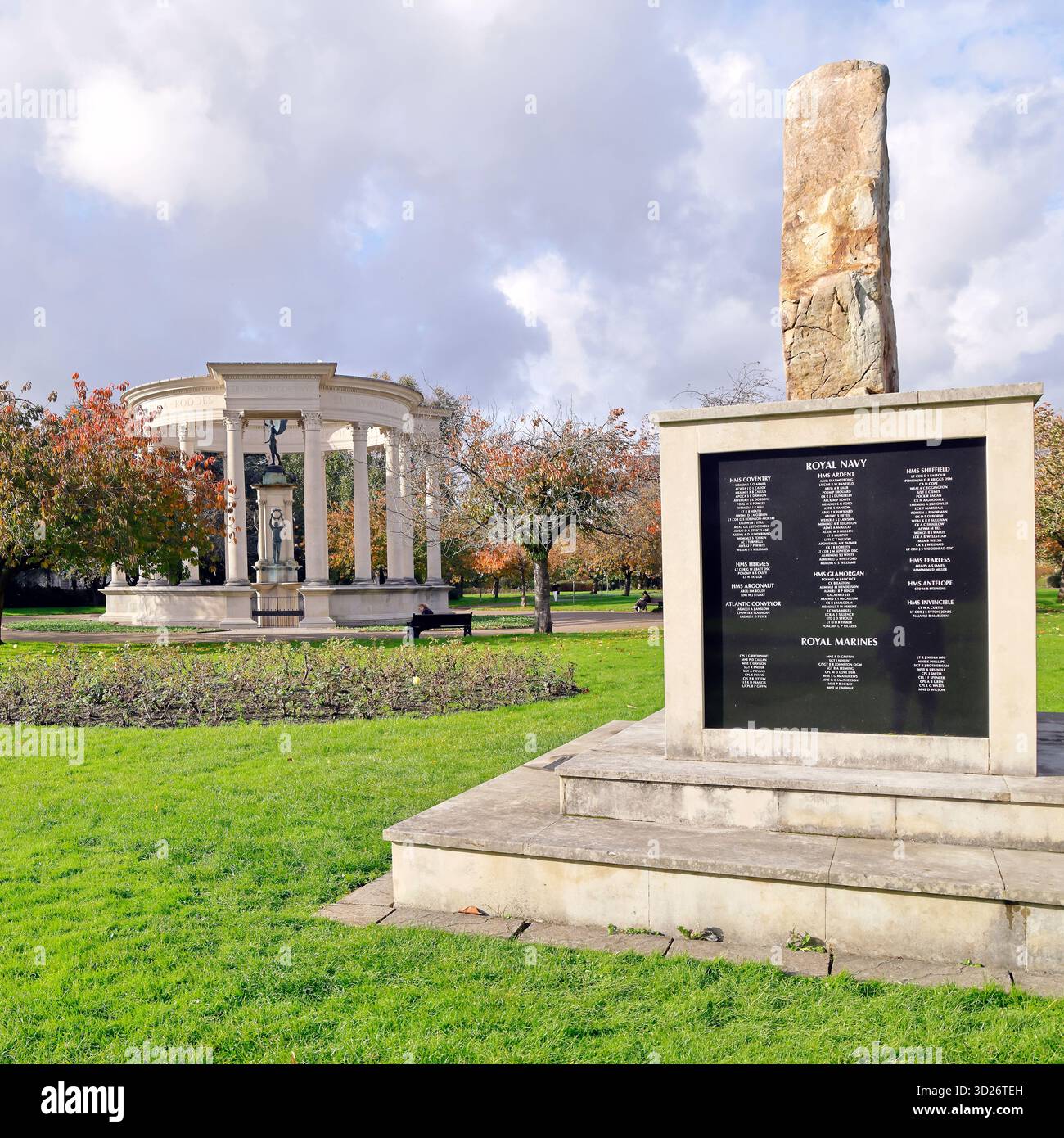 National War Memorial and Flaklands Conflict memorial with autumn ...