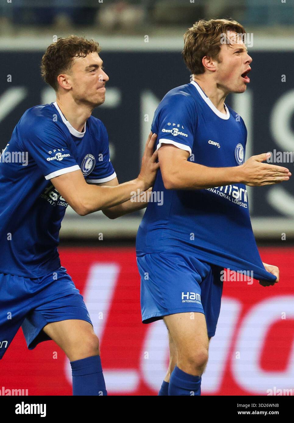 Gent's Matisse Samoise celebrates after scoring during a soccer game ...