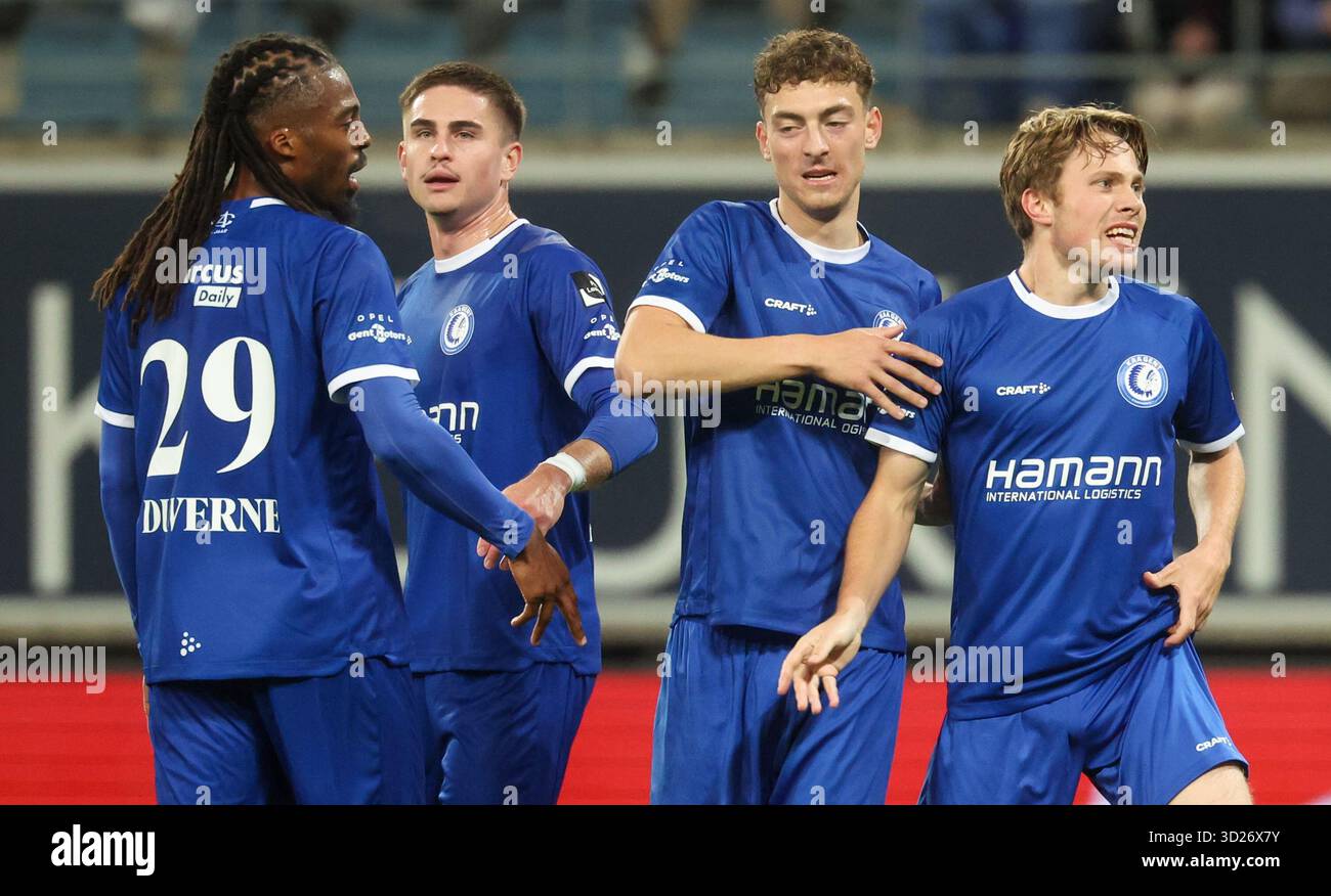 Gent's Matisse Samoise celebrates after scoring during a soccer game ...