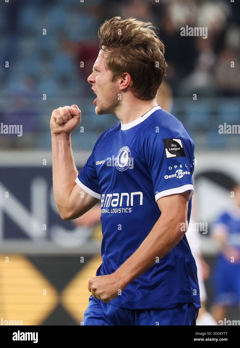 Gent's Matisse Samoise celebrates after scoring during a soccer game ...