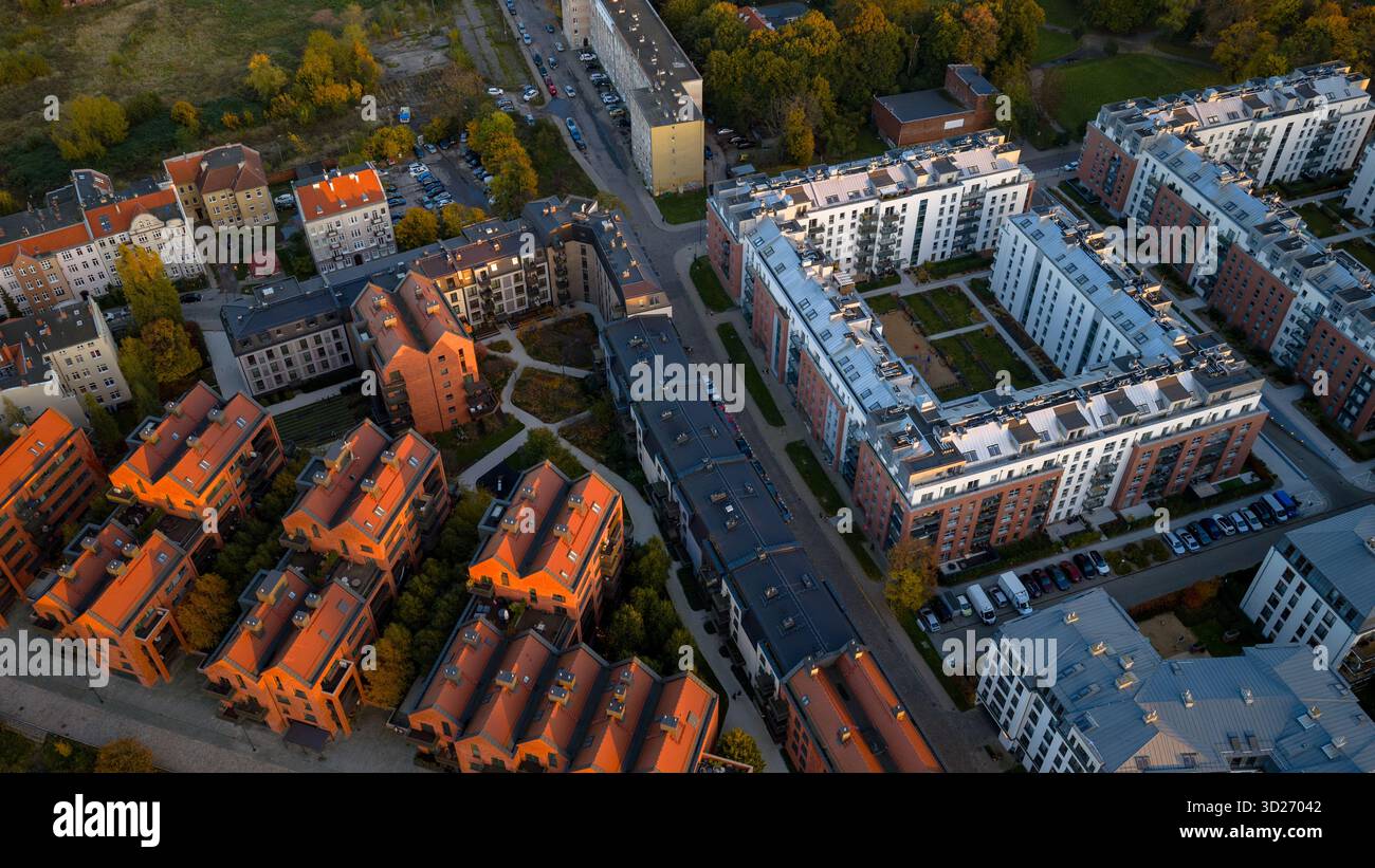 Aerial view of a Gdansk residential district at golden hour. Modern ...