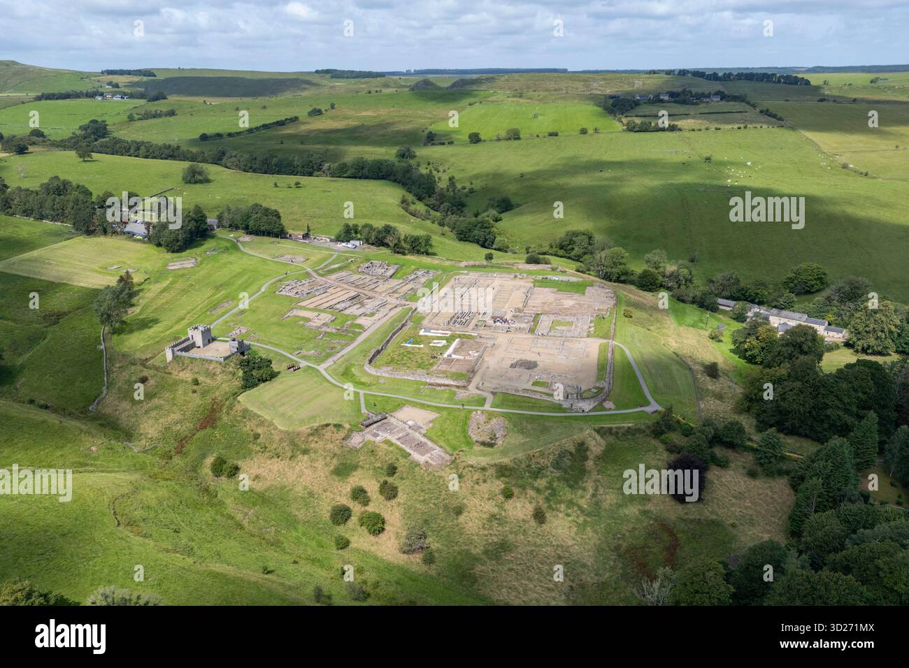 Aerial view of Vindolanda, a Roman auxiliary fort, Northumberland, UK ...