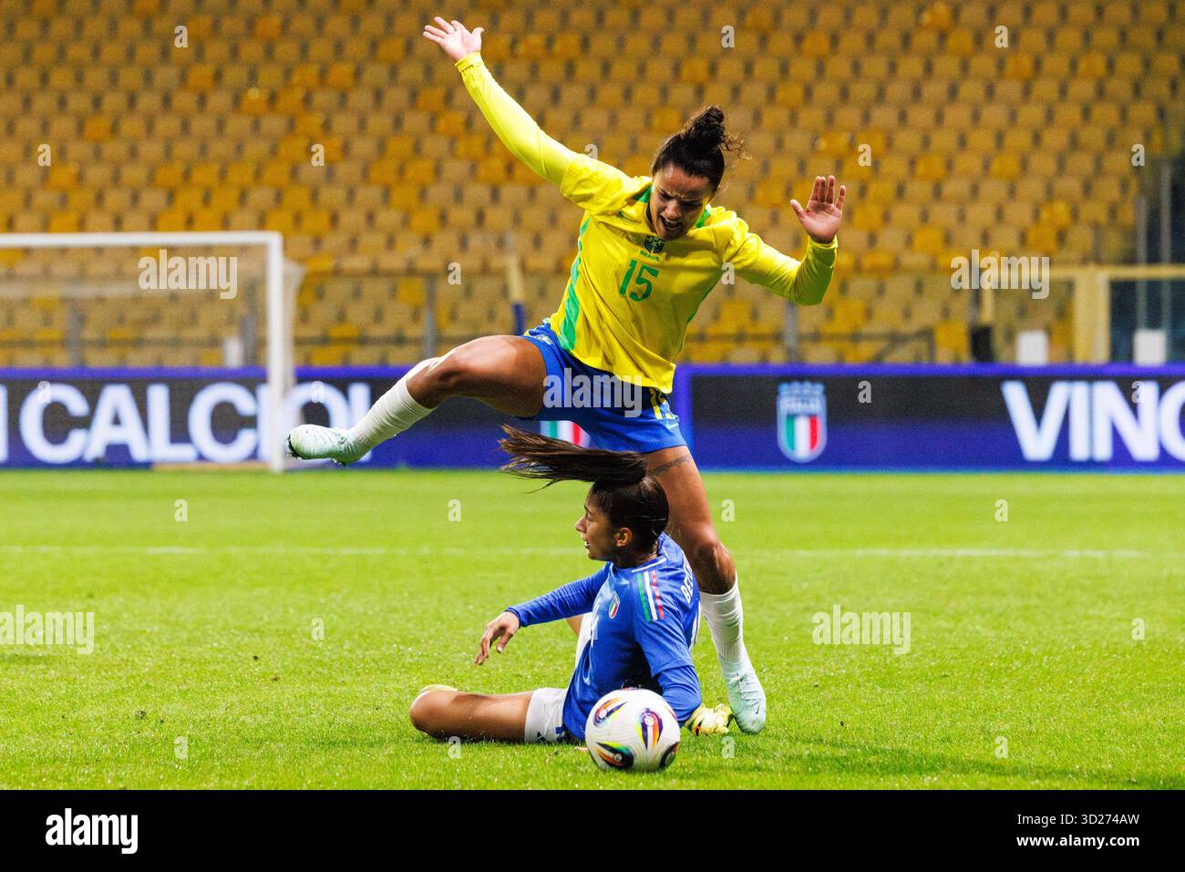 Chiara Beccari of Italy compete for the ball with Isabela Ferreira ...