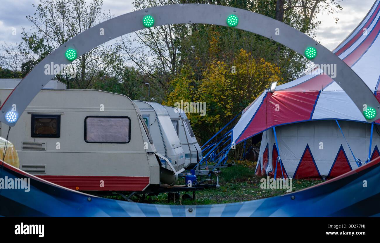 An authentic scene from a circus site in Berlin, Germany. Several ...