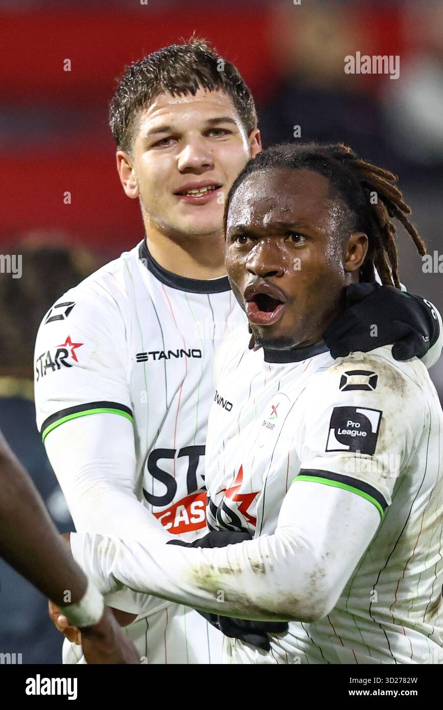 OHL's Abdoul Karim Traore celebrates after scoring during a soccer game ...