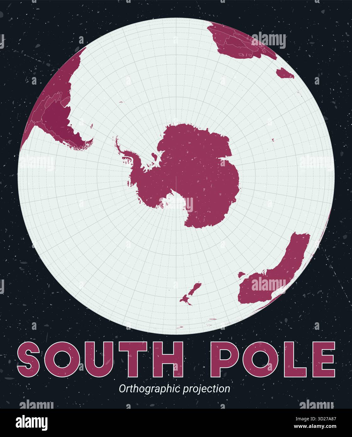 South Pole. World map. Orthographic projection centered to South Pole ...
