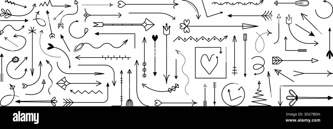 Decorative black line arrows doodle set, vector monochrome navigation ...