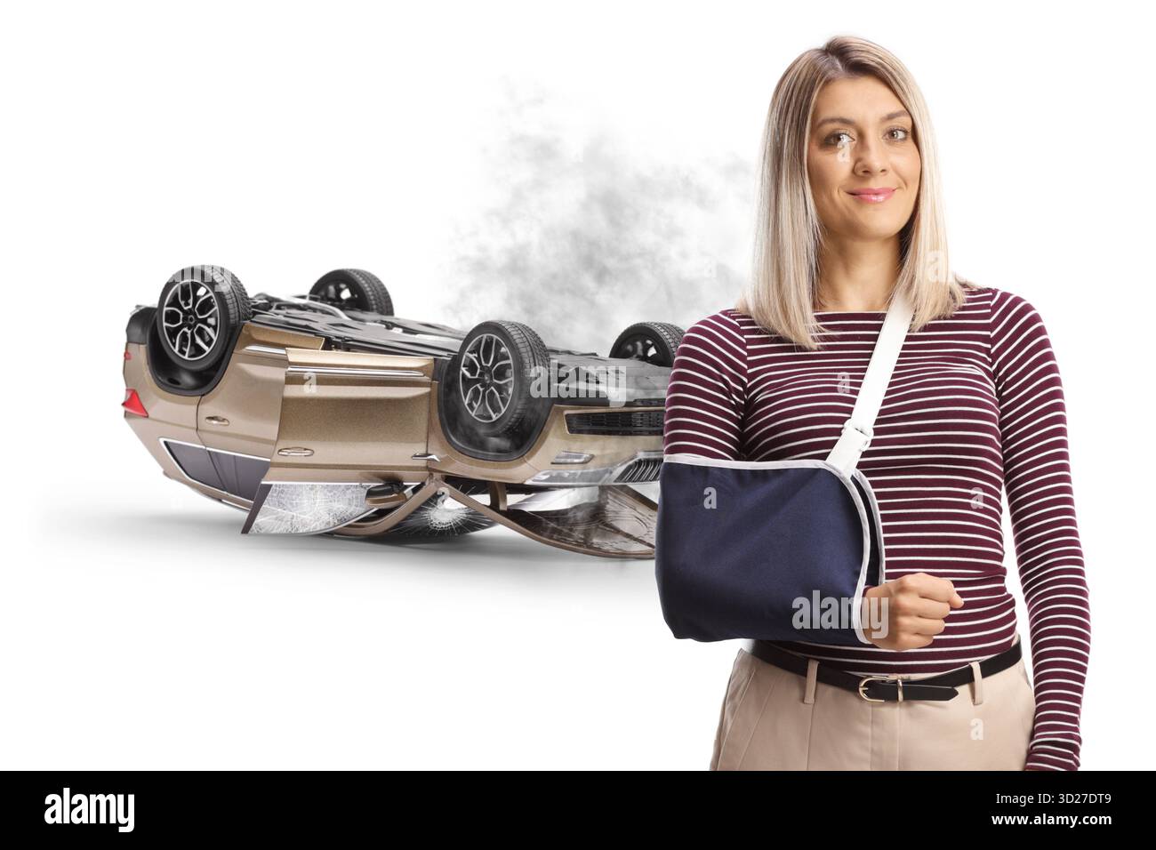 Dangerous car collision and young woman with a broken arm wearing an ...