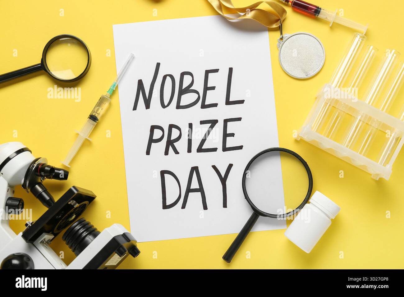 Composition with microscope, syringes, magnifiers and NOBEL PRIZE DAY ...