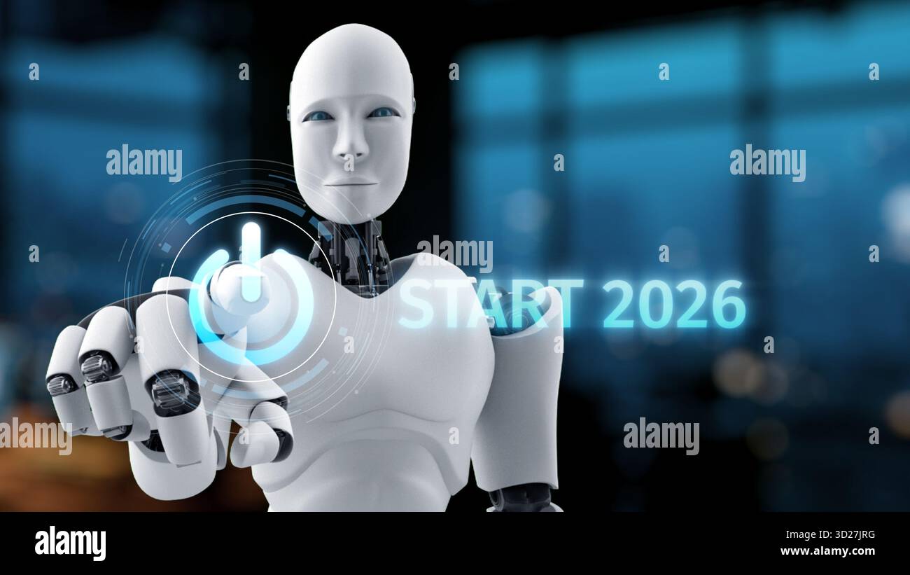 A humanoid robot stands in a modern setting, engaging with a digital interface that displays a ...