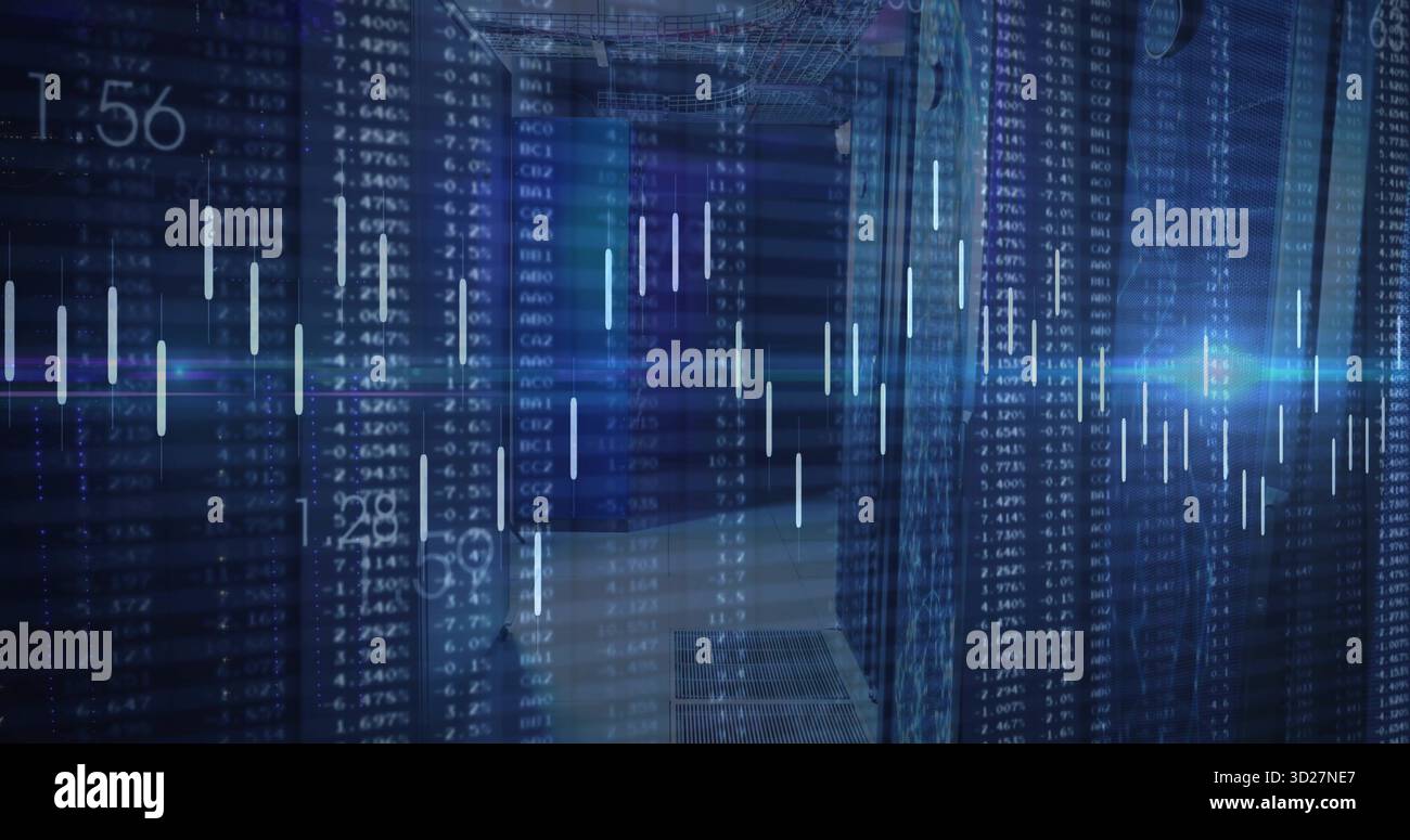 Digital financial data overlay flooding data center corridor, with ...