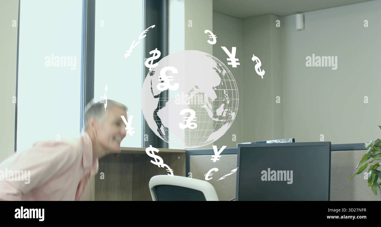 Leaning man wearing pink shirt examining cubicle with monitor, rotating ...