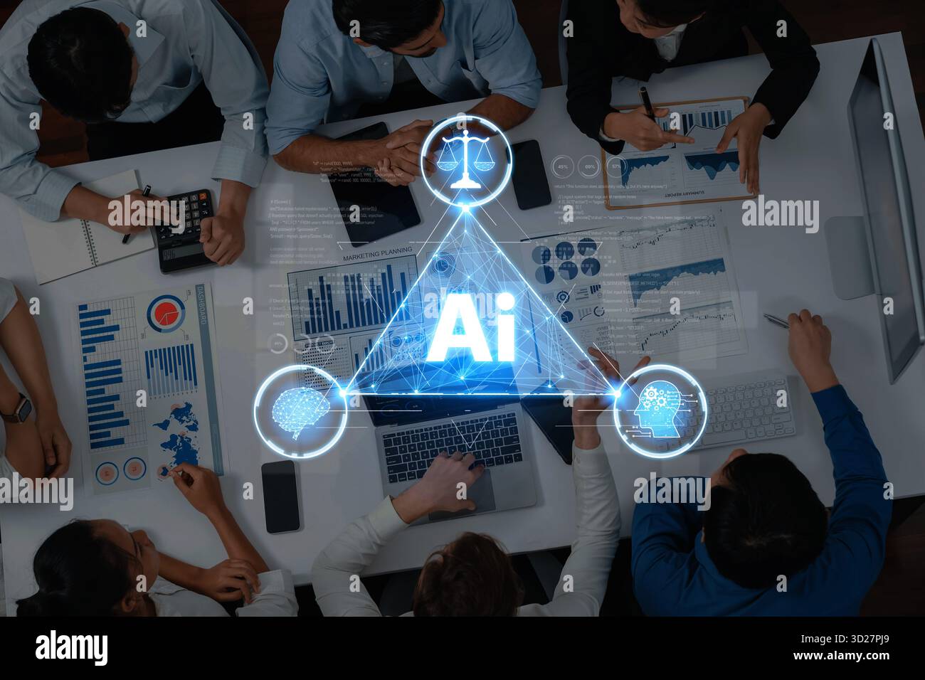 A diverse business team collaborates on data analysis in a modern ...