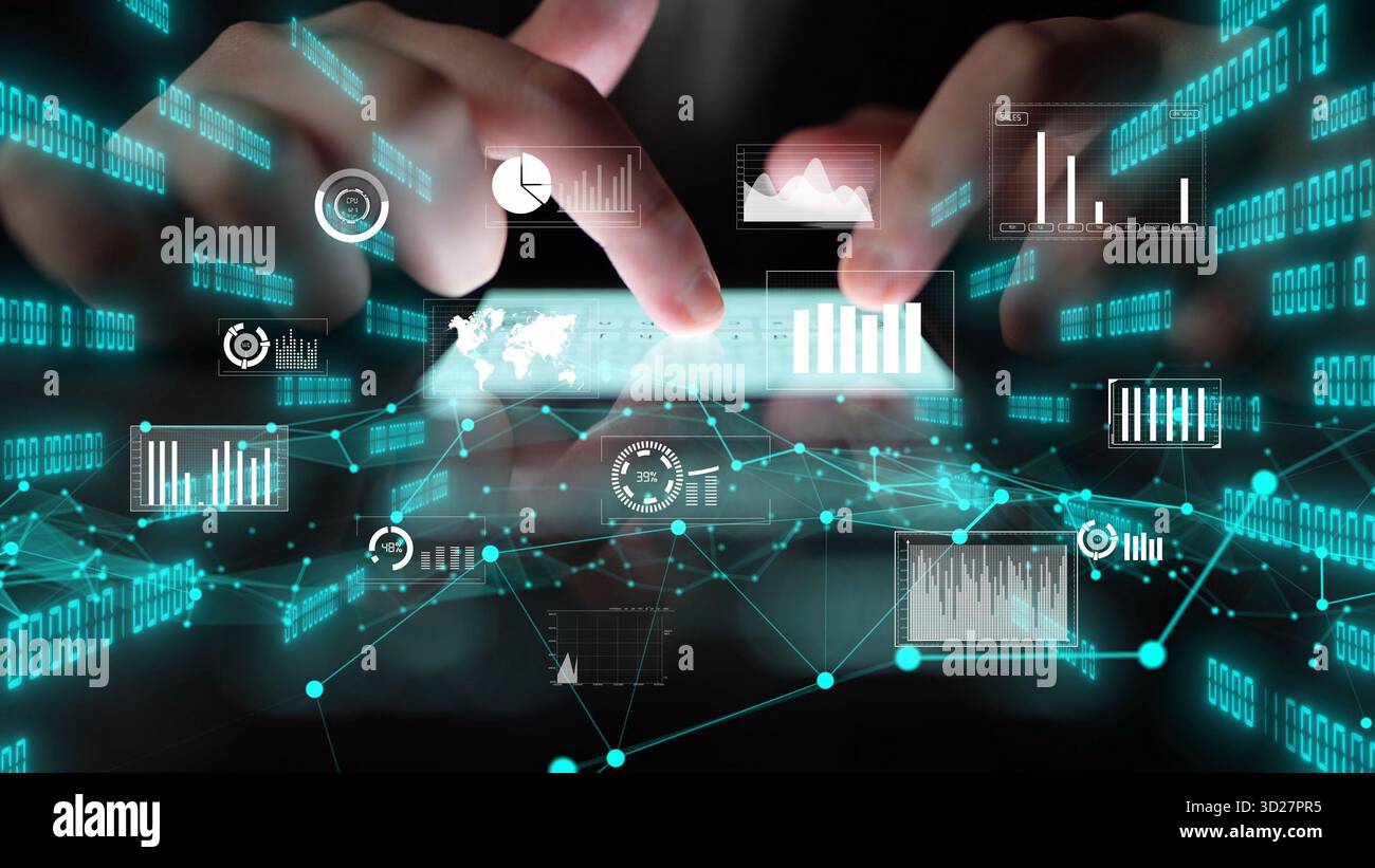 A futuristic digital interface showcases various data visualizations ...