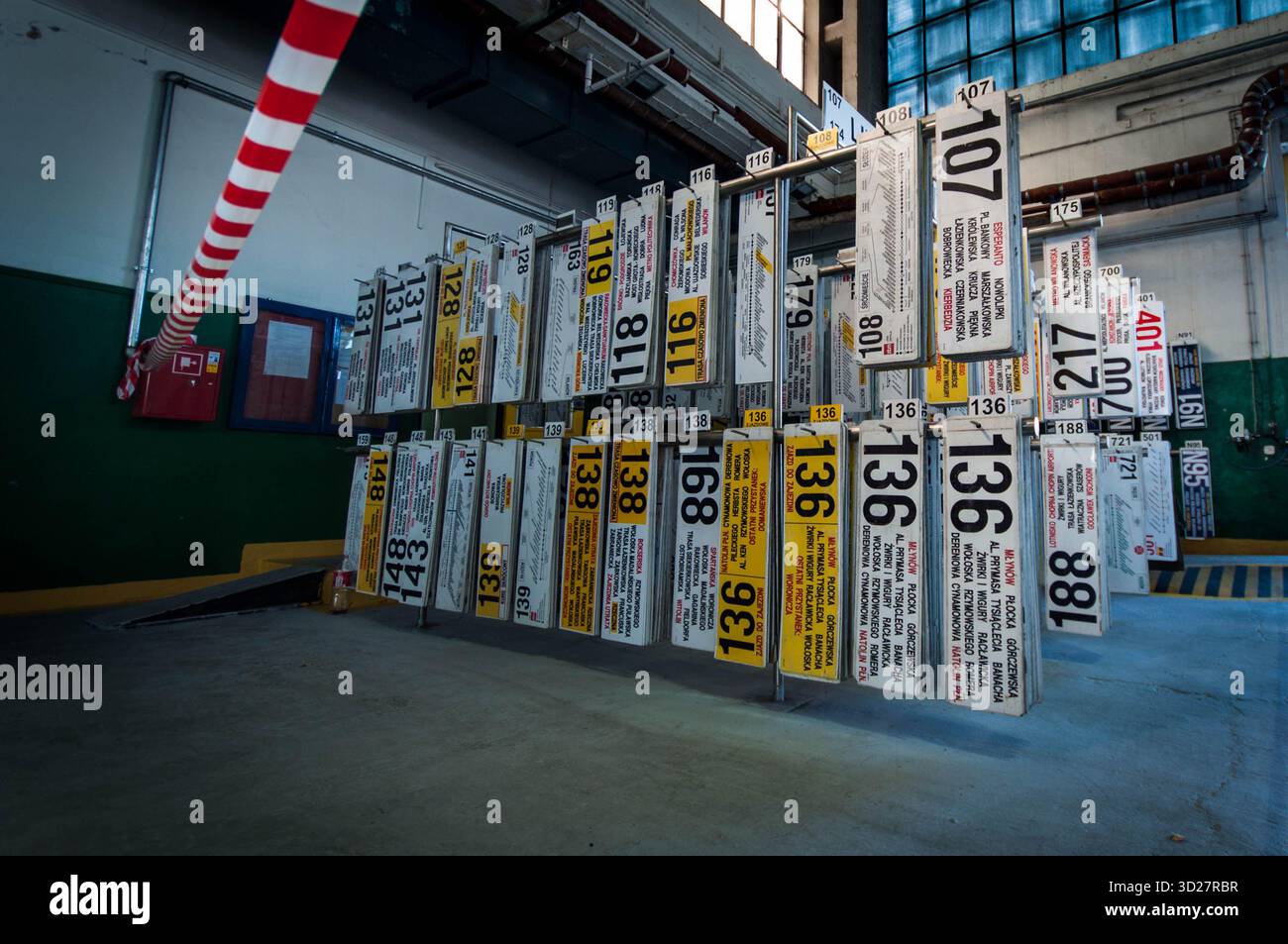 A rack with with public transport route boards used in buses and trams ...