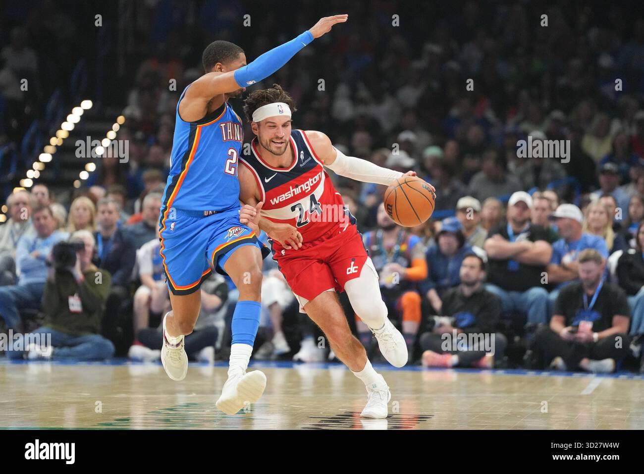 Washington Wizards forward Corey Kispert, right, drives past Oklahoma ...