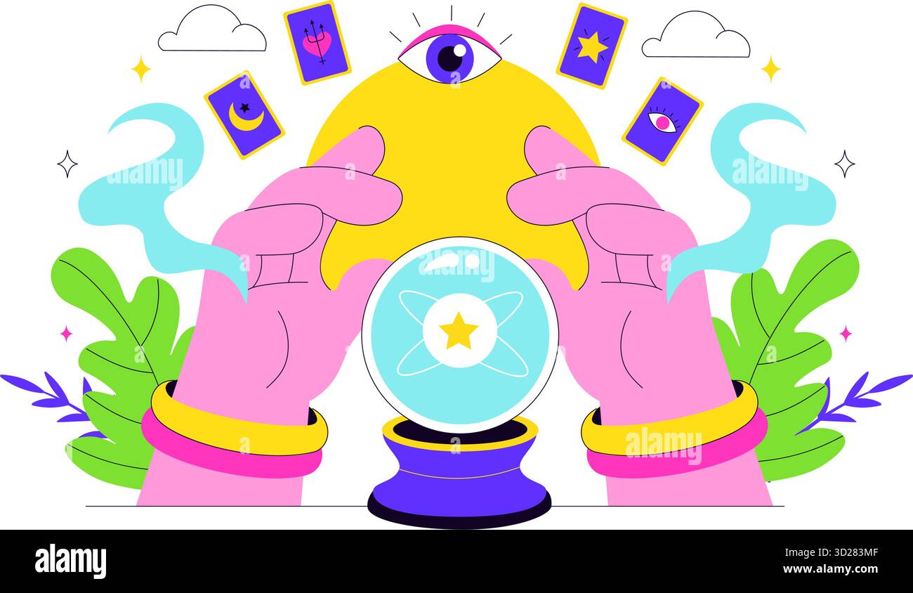 Fortune Teller Vector Illustration with Crystal Ball, Magic Book, and Tarot Cards for Predicting ...