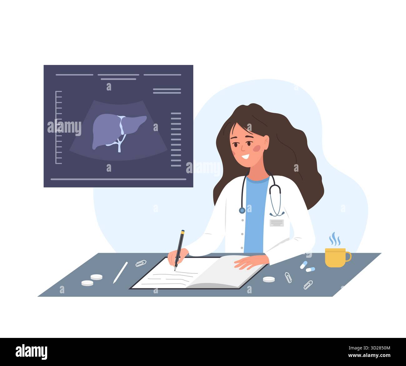 Liver diseases. Female Hepatologist performing liver ultrasound ...