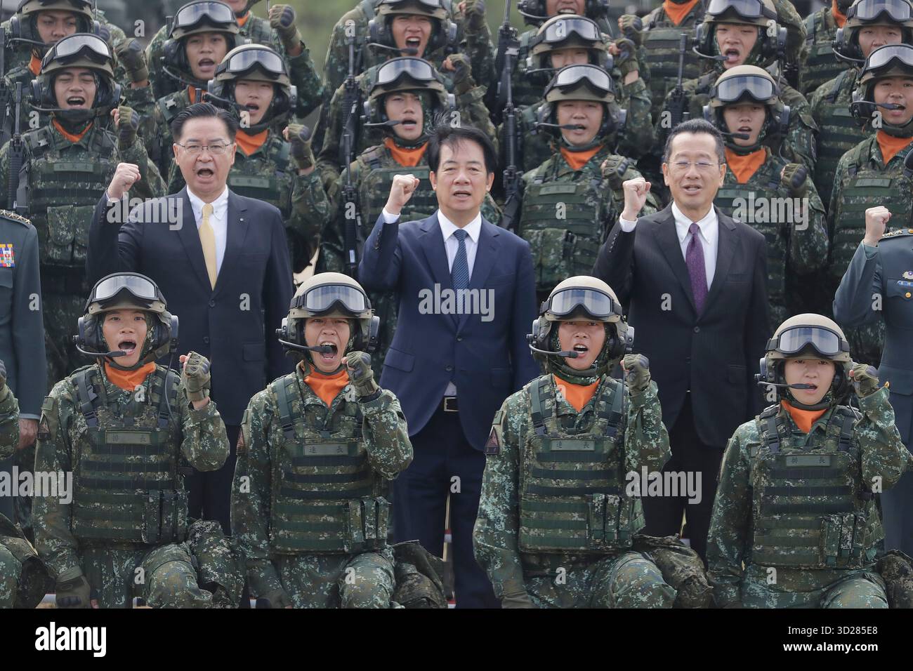 Taiwan President Lai Ching-te, center, takes group photo with soldiers ...