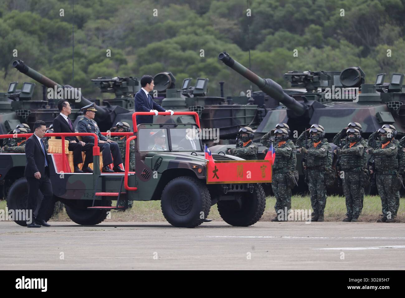 Taiwan's President Lai Ching-te inspects the soldiers during the ...