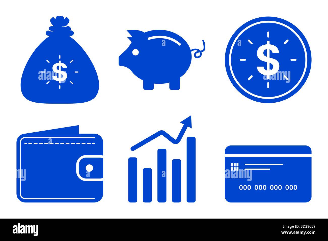 Financial blue icons set money bag piggy bank dollar coin wallet growth chart credit card vector ...