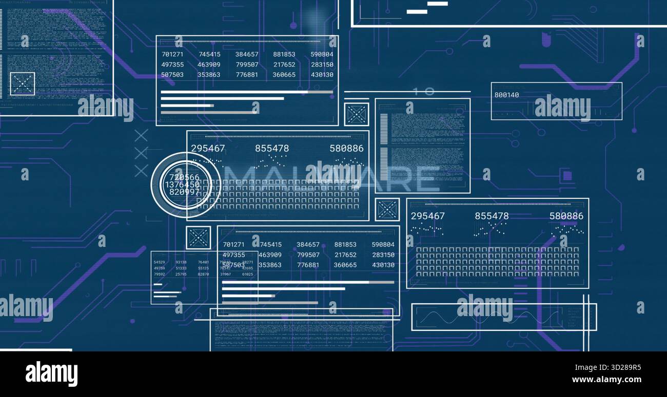 Displaying overlapping data panels on blue interface with numeric codes, charts and purple ...