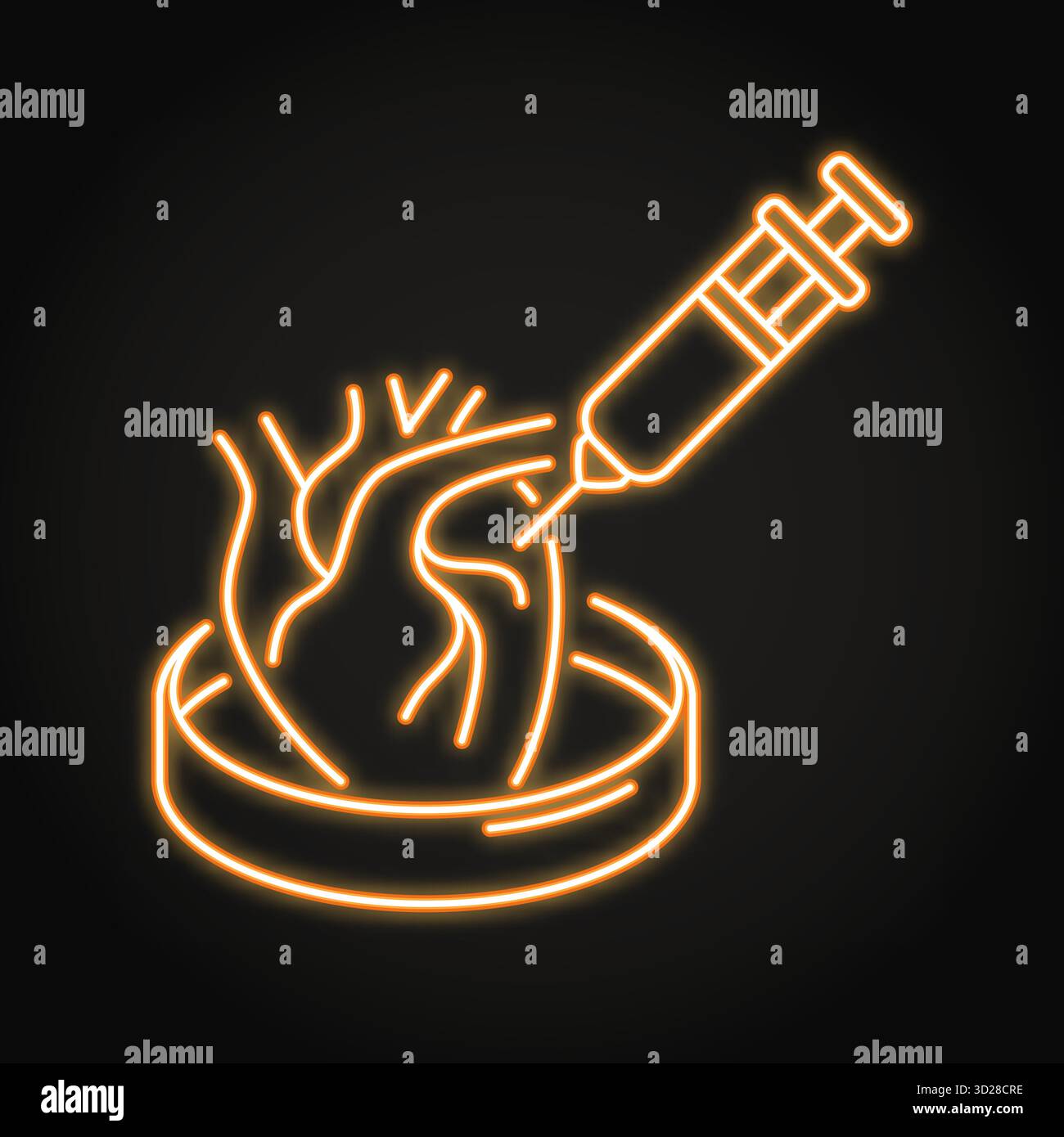 Organoid for tests neon icon. Human heart with syringe in Petri dish ...